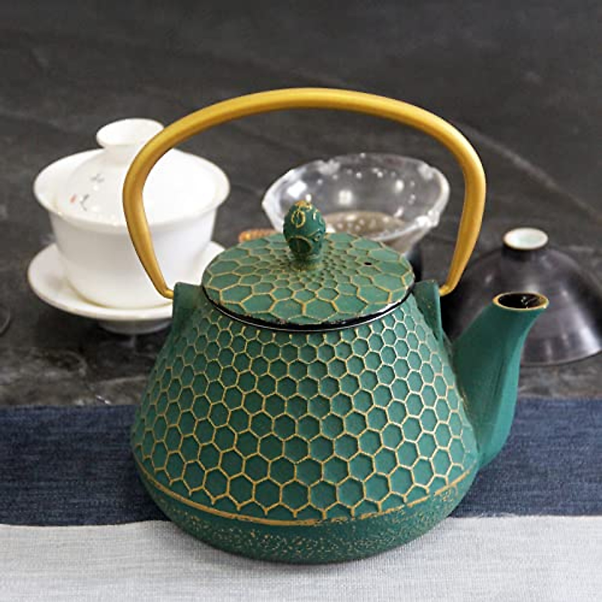 Cast Iron Tea Kettle, Japanese Tetsubin Teapot Coated with Enameled Interior, Durable Cast Iron Teapot with Stainless Steel Infuser for Stovetop Safe(1000ml/34oz)