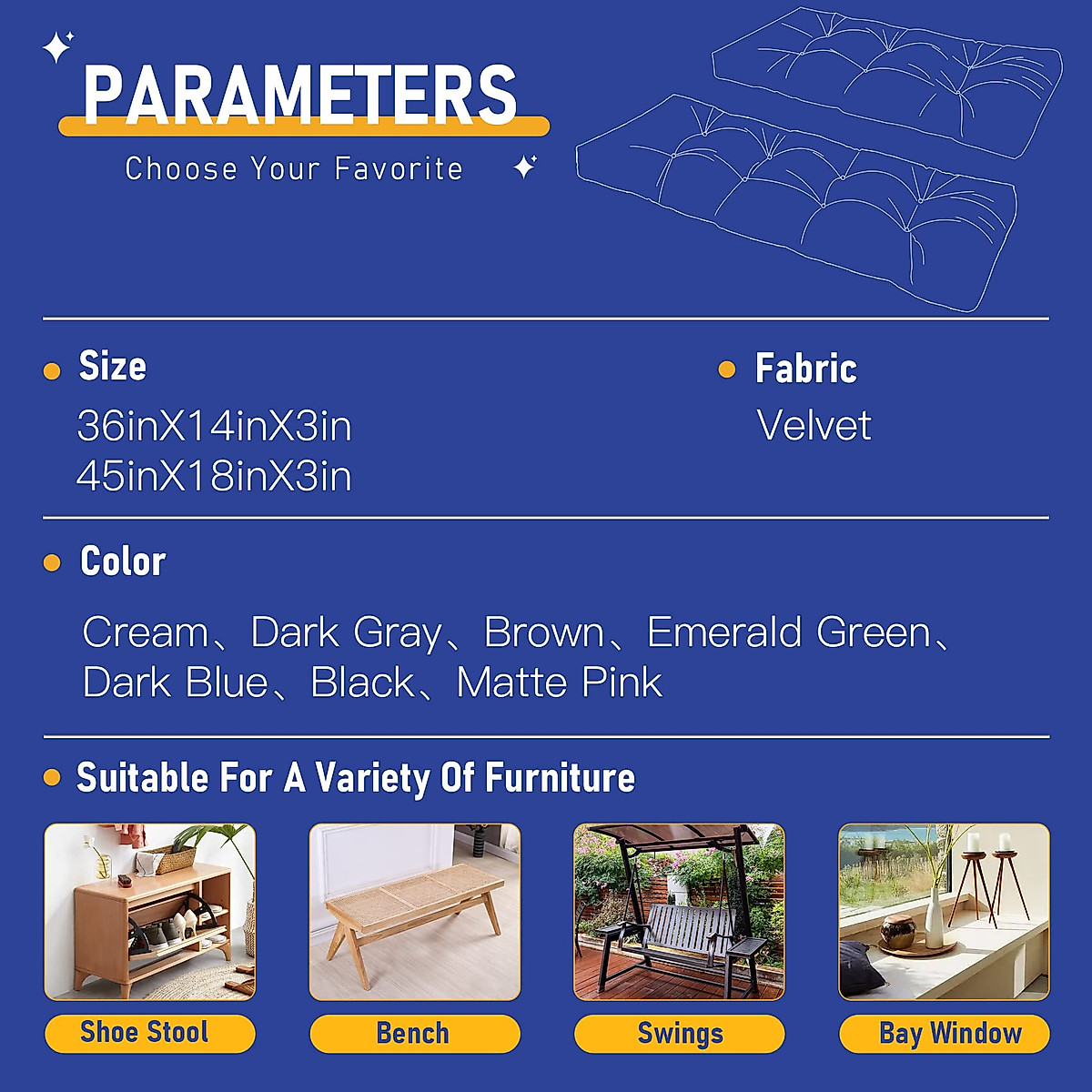 ROFIELTY Bench Cushion 36 inches. Non-Slip Tufted Cushion for Indoor/Outdoor use, Comfortable Window Cushion, Soft Piano Bench Cushion.Multi-Scene use of Cushions. (36x14x3, Brown)