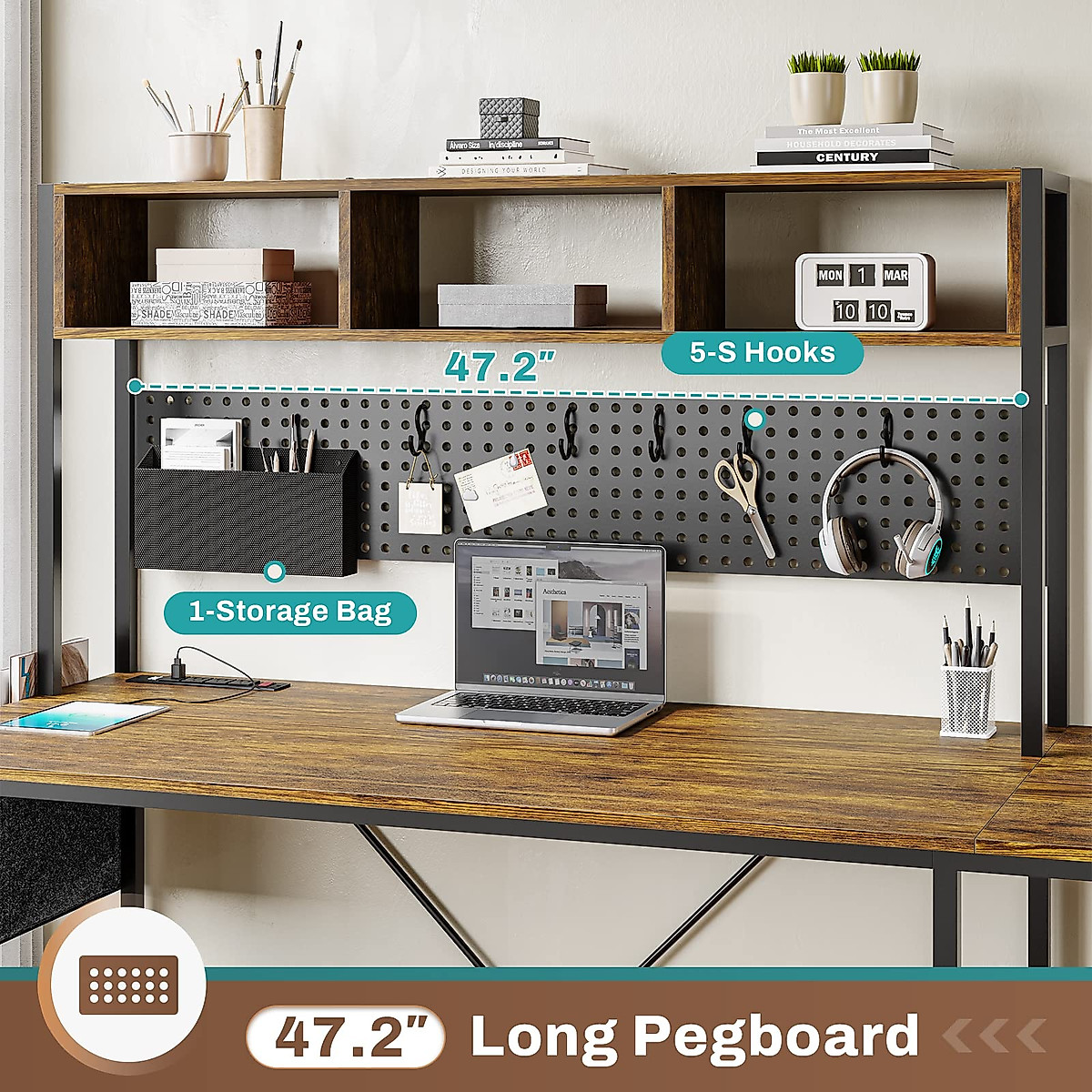 SEDETA L Shaped Computer Desk, Reversible Corner Desk with Power Outlet and Pegboard, Computer Desk with Led Lights, Keyboard Tray, Headphone Hook and Storage Shelves, Rustic Brown