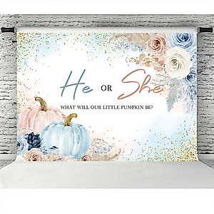 Lofaris Pumpkin Blue or Pink Gender Reveal Backdrop Fall Theme He or She What Will Little Pumpkin Be Banner Party Decorations Photography Background Pregnancy Reveal Party Photoshoot 7x5ft