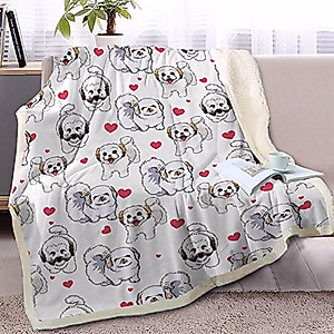 BlessLiving Shih Tzu Blanket Red Hearts Dog Fleece Plush Blanket Cute Puppy for Kids Adults 3D Animal Print Sherpa Blanket Gift for Pet Lovers (Throw, 50 x 60 Inches)