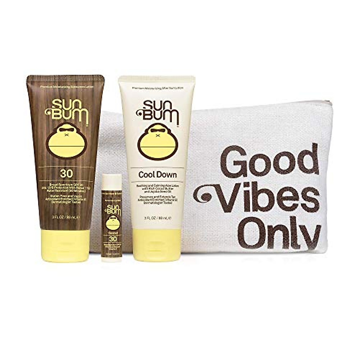 Sun Bum Travel Sun Care Pack - Moisturizing Sunscreen, Lip Balm & Cool Down Lotion. Hawaii 104 Reef Compliant, Broad Spectrum UVA/UVB Protection.