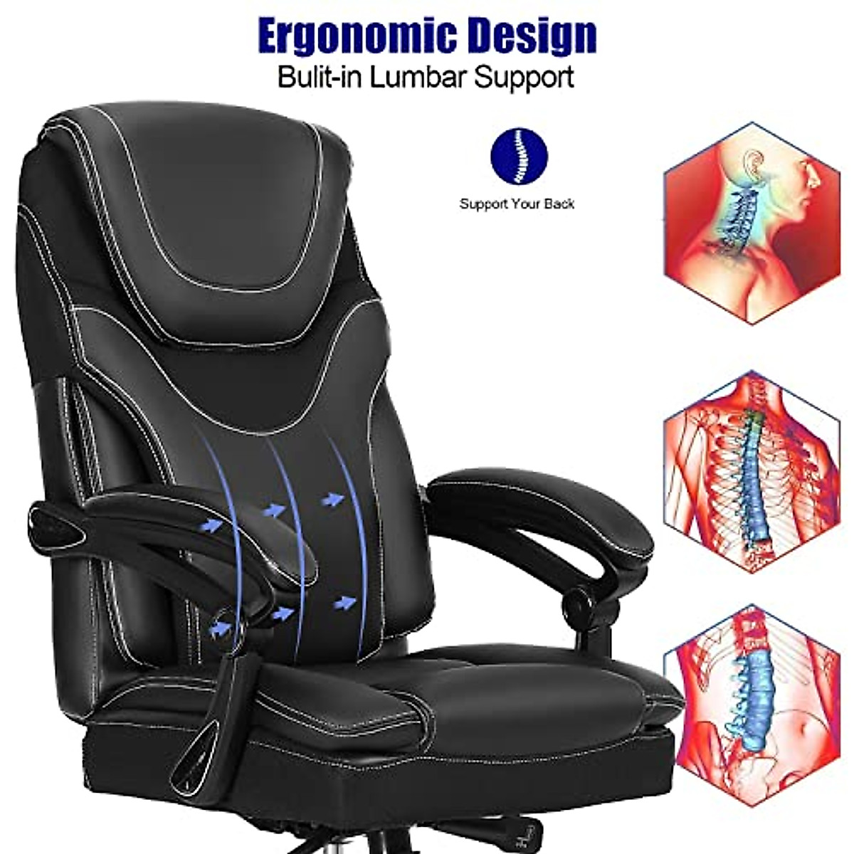 KCREAM Office Chair Back Support, Ergonomic Desk Chair Computer Chair PU Leather Chair Swivel Chair Armrests with Thick Padded Seat Managerial & Executive Chairs(9109-black)