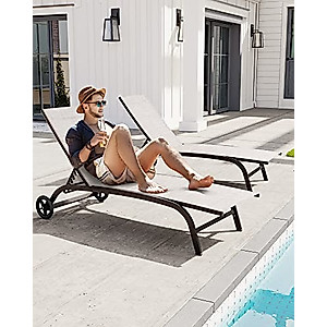 Crestlive Products Aluminum Chaise Lounge Chairs with Wheels Outdoor Adjustable Recliner Five-Position and Full Flat Tanning Chair All Weather for Patio, Beach, Yard, Pool (2PCS Beige)