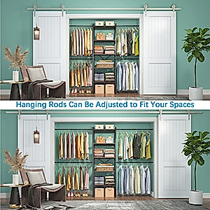 Timate P6 Clothes Rack Bedroom Armoires Heavy Duty Garment Rack Adjustable Walk in Closet Organizer System Kit Tower with Expandable Hanging Rod 5-Tier Closet Storage Shelves, Fits 6-9 ft Space, Black
