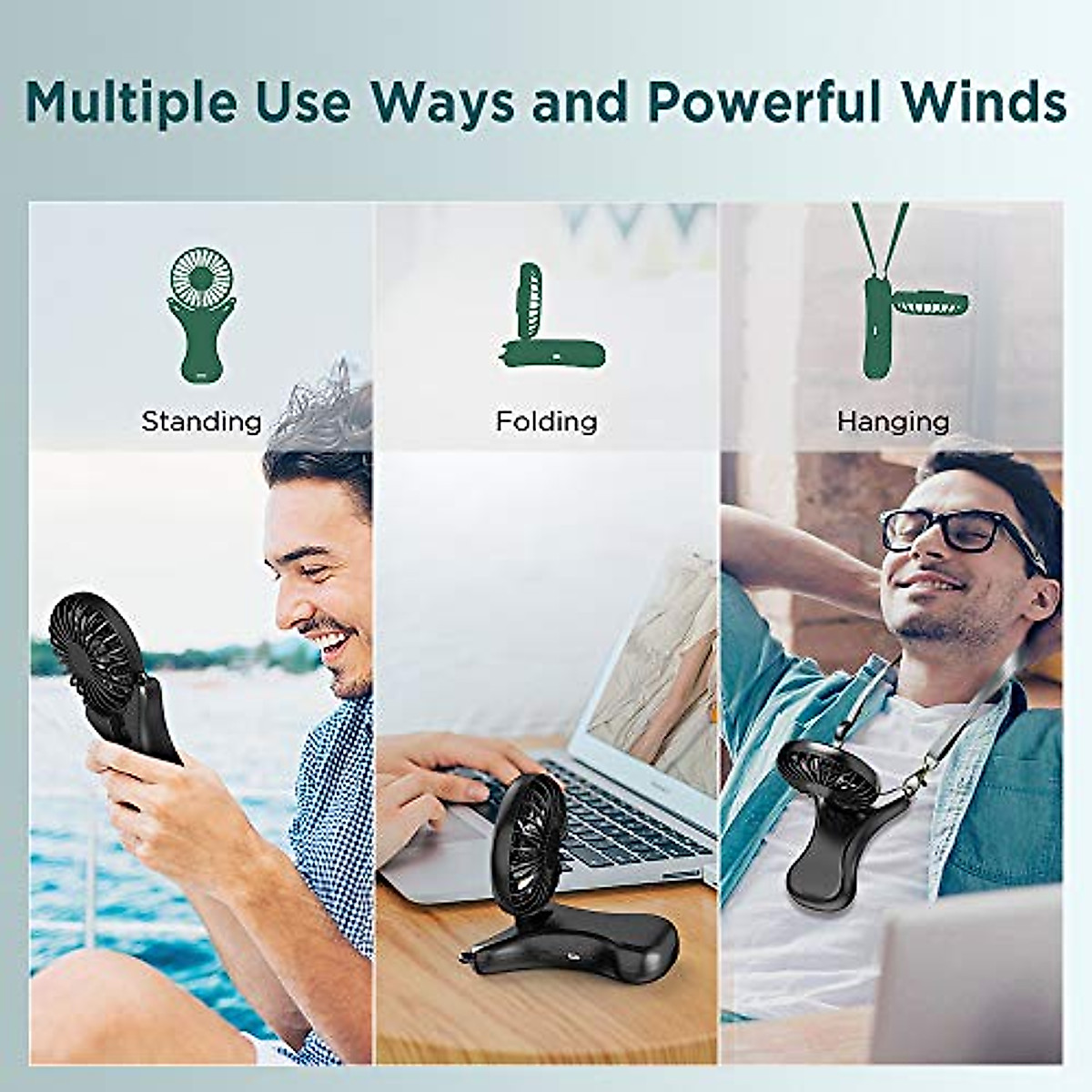 Necklace Fan, EasyAcc Hand Free Fan Rechargeable Fan 3 Speed 3-17 Hours Adjustable 100° Angle Personal Fan Built-in Night Light USB Fan Cooling Fan for Camping Outdoors Travel - Black