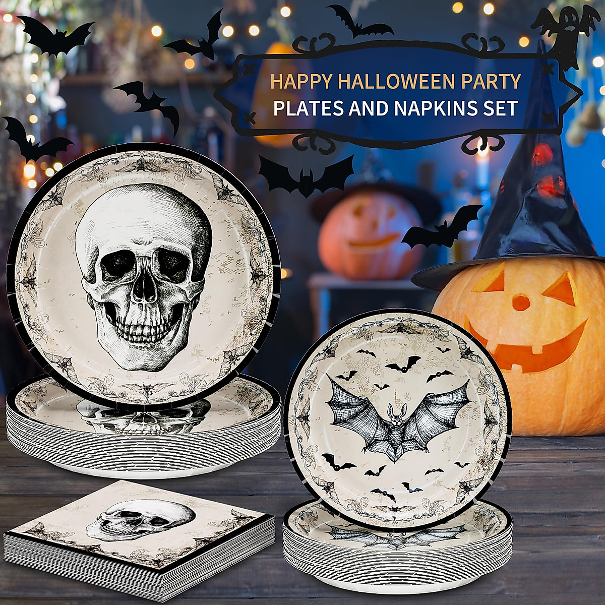 DYLIVeS Halloween Party Plates and Napkins Set, 150 Pcs Halloween Skull Bats Tableware for Boys Adult Happy Halloween Party Supplies Disposable Dinnerware Holiday Halloween Decorations, Serve 50