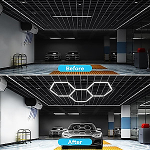 CDKMAX LED Hexagon Garage Light 3.0 Hex Grid Honeycomb LED Shop Light 135W 21400LM 6500K Hexagon Lighting System Car Detailing Shop LED Ceiling Lights for Home Gym Garage Workshop Basement Warehouse