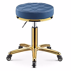 Fengflaw Rolling Stool Swivel Salon Beauty Chair Adjustment Hairdresser Round Leather Cushion with Wheels And Gold Stainless Steel Base for Spa Work Office Massage Manicure Tattoo Task Chair,Blue