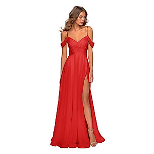 Spaghetti Straps Bridesmaid Dresses Red Long Chiffon V Neck Formal Evening Dress with Pockets Size 14