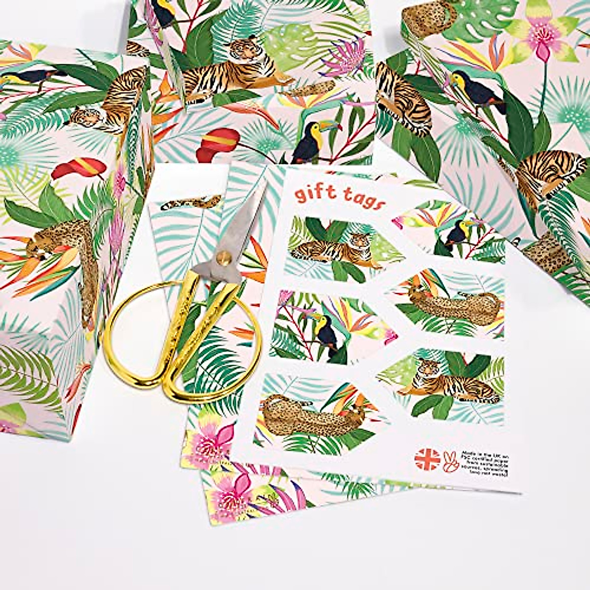 CENTRAL 23 Wilderness Wrapping Paper - Tropical Jungle - 6 Sheets Green Gift Wrap - Leopard - Tiger - For Birthday Baby Shower - Comes With Fun Stickers - Recyclable