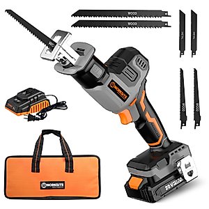WORKSITE Brushless Reciprocating Saw, 20V Cordless One-Handed Reciprocating Saw w/2.0Ah Battery & 1-Hour Fast Charger, Variable Speed Trigger, 6 Saw Blades for Wood/Metal/PVC Pipe Cutting