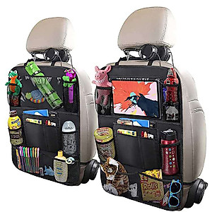 sunyou Car Backseat Organizer Car Organizer Kick Mats with 10inch Tablet Holder,10 Pockets, Car Organizer for Road Trip, Kid Snacks, Toys for Kids and Toddlers(2 PACK)