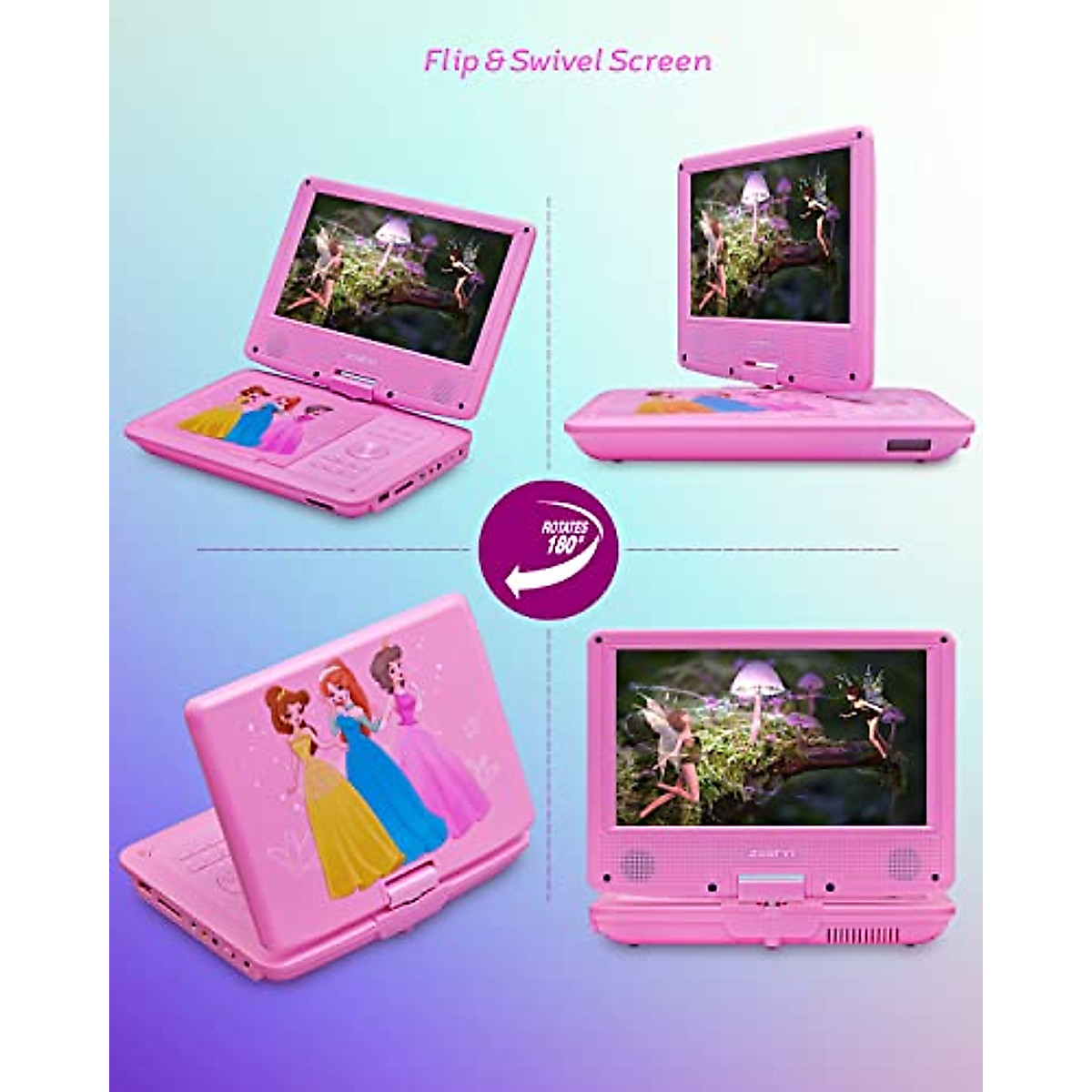 SYNAGY 11" Portable DVD Player for Kids with 9.5 inch HD Swivel Screen, Car Headrest Mount Holder, Rechargeable Battery, Car Charger, Wall Charger, SD Card Slot, USB Port (Pink)