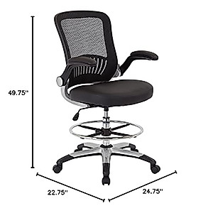 Office Star DC Series Mesh Back Drafting Chair with Adjustable Footring and Padded Flip Arms, Black Faux Leather Seat