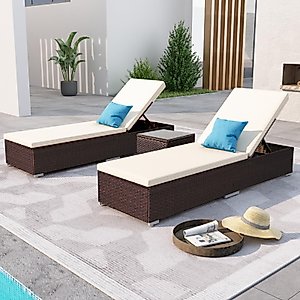DIMAR GARDEN 3Piece Outdoor Chaise Lounge,Wicker Pool Lounge Chairs with Table, Mixed Brown
