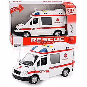 Liberty Imports Ambulance Toy Car with LED Lights & Siren Sound Effects - Friction Powered Wheels Plastic Rescue Vehicle Toy for Kids & Toddlers