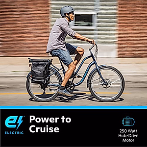 Schwinn Mendocino Mens and Womens Hybrid Electric Beach Cruiser, Lightweight Aluminum eBike Frame, 26-Inch Wheels, 6 Speed Drivetrain, Pedal Assist, Matte Blue