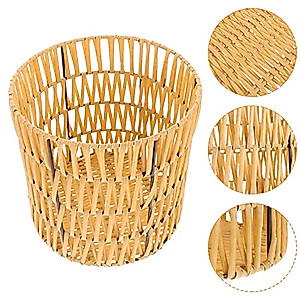 PRETYZOOM Natural Woven Basket Round Trash Basket Rattan Garbage Bin Waste Basket Organizer Trash Basket Toy Container Kitchen Decoration (Khaki)