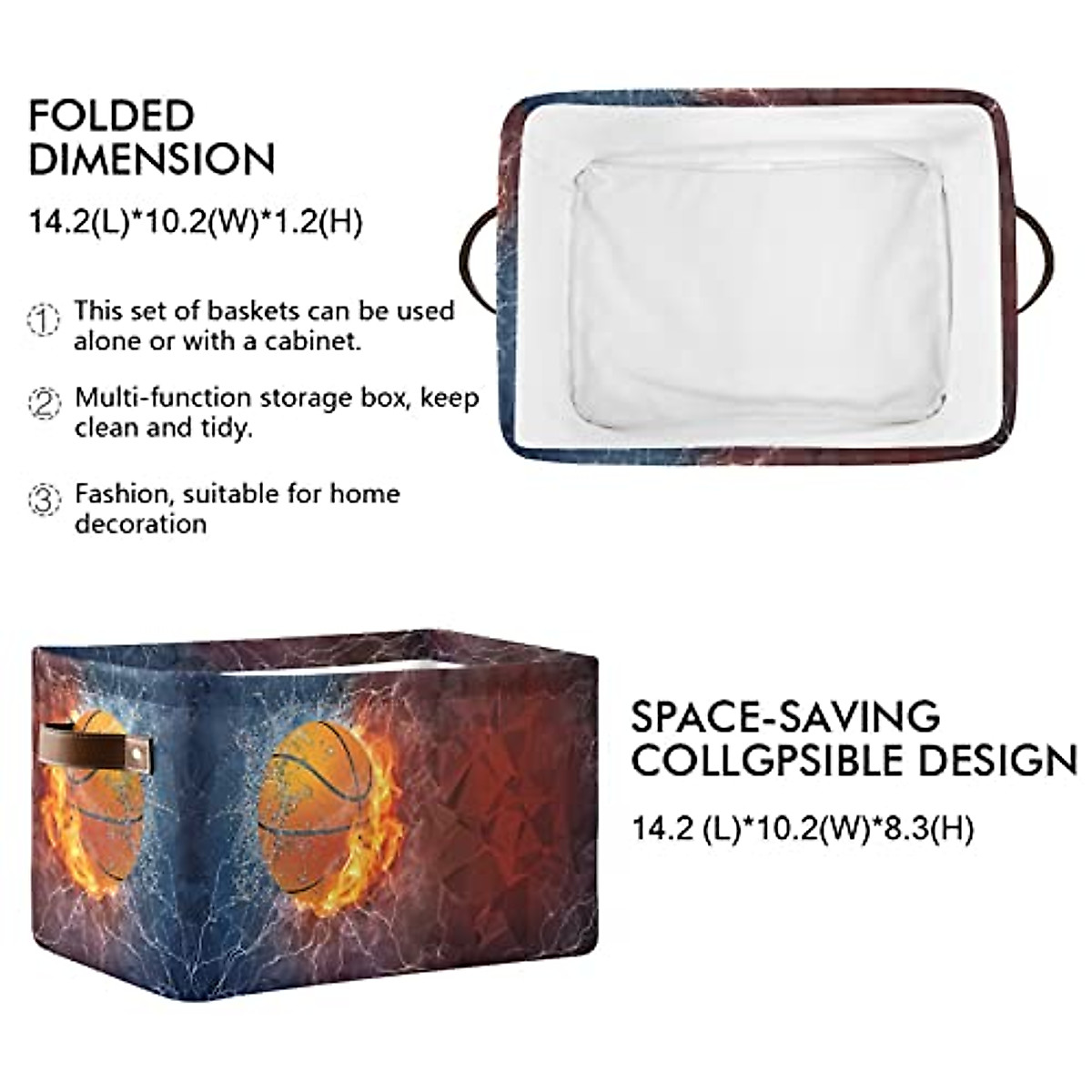 Basketball Fire Water Rectangular Storage Basket Storage Bin Collapsible Storage Box with Leather Handles Storage Hamper Organizer for Home, Bedroom