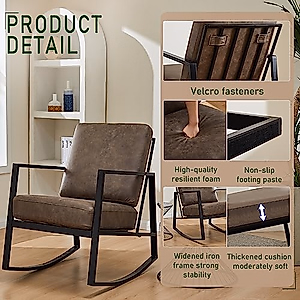 worldchoice Leather Rocking Chair Glider Chair for Nursery Upholstered Rocking Chair with Removable Cushion Cover Single Sofa Lounge Chair for Living Room Bedroom Reading Balcony, Brown