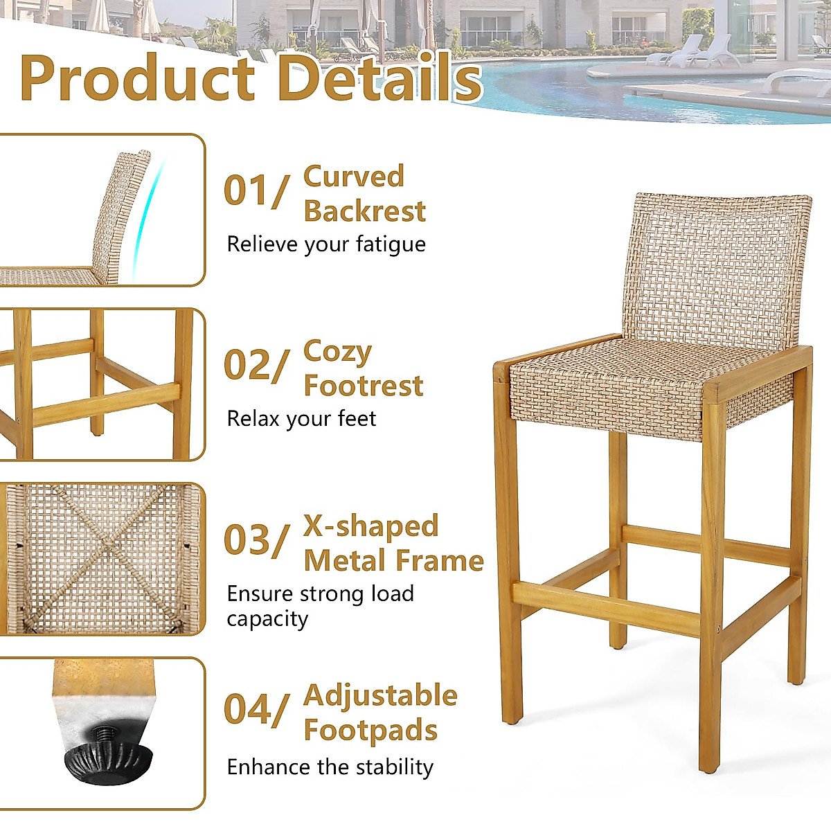 Tangkula Patio Wood Barstools Set of 2, PE Rattan Bar Height Chairs with Backrest, Stable Metal Frame, 400 lbs Max Load, Light Brown PE Wicker Bar Chairs for Porch, Backyard, Balcony (2)