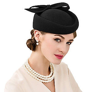 F FADVES British Style Pillbox Hat Retro Wool Fascinator Wedding Derby Church Party Hats Black