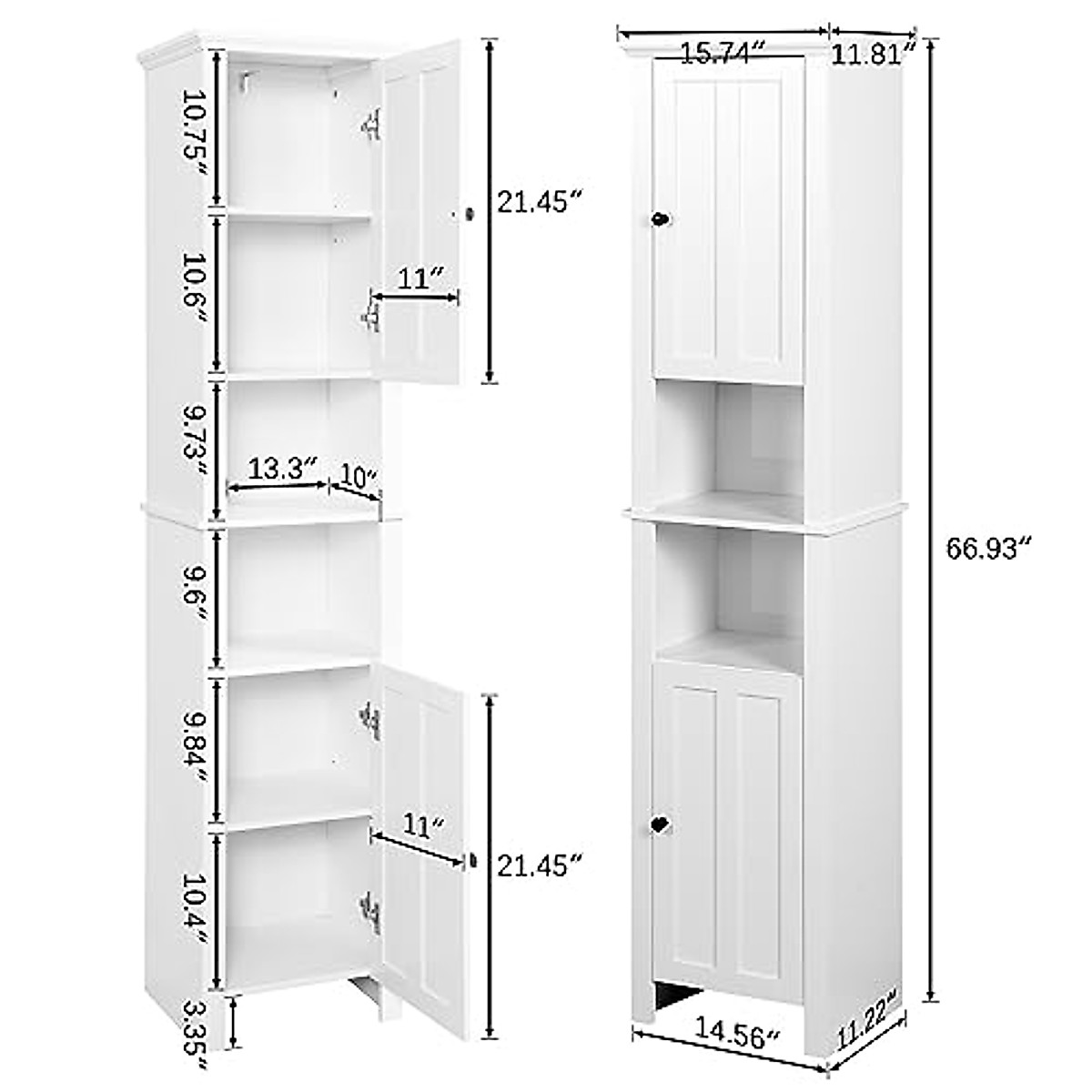 Unovivy Tall Bathroom Storage Cabinet Floor Standing Freestanding Linen Tower with 2 Doors & 6 Shelves, 15.7X 11.8X 66.9 Inches, for Living Room, Kitchen, Off-White