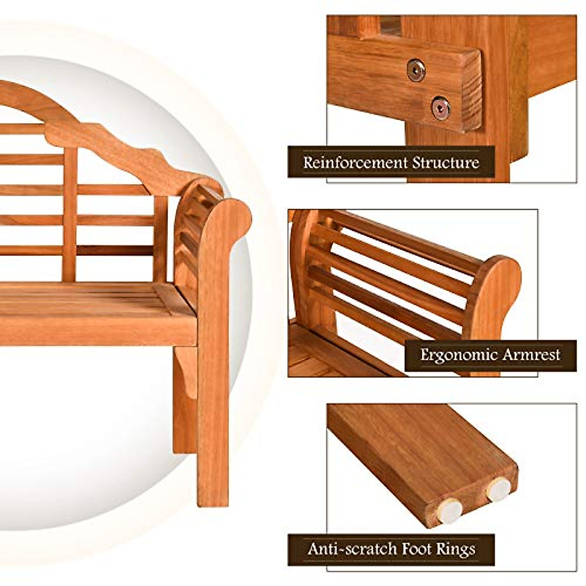 RELAX4LIFE Wooden Garden Bench for Outdoors & Indoor Patio Foldable Bench 4 Ft with Crown-Like Backrest and Curved Armrest Poolside, Porch, Balcony, Garden Eucalyptus Two Person Loveseat Chair