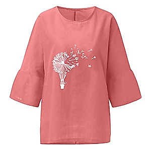 Summer Women Cotton Linen Tshirt Tops Trendy 3/4 Sleeve Casual Dandelion Tunic Tees Side Slit Comfy Soft Flowy Blouses Pink