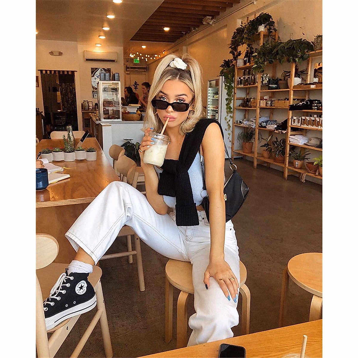 IKANOO Retro Rectangle Sunglasses for Women Men Small Square Frame Trendy Y2K 90’s Black Sunglasses (Beige Frame Tea Lens)