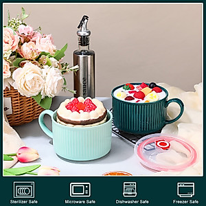 2 Pieces Ceramic Soup Bowls with Handles 30 oz Microwave Safe Bowl with Lid Microwavable Soup Mug with Lid Large Soup Cups for Ramen Noodle Cereal (Blue, Dark Green)