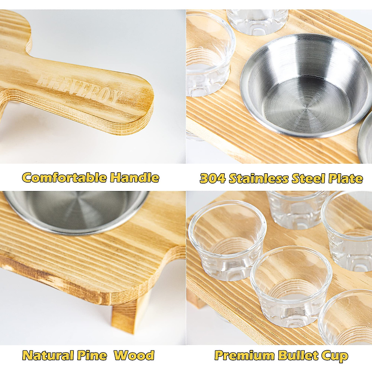 Shot Glasses Serving Tray Tequila Shot Glass Holder with 6 Shot Glasses Set Unique Wooden Holder for Drinking, Serving, Display and Storage Suitable for Bar, Restaurant and Party