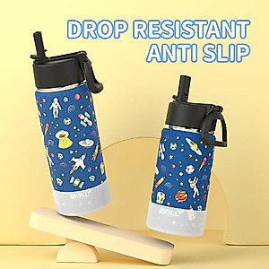 Mollcity 12 oz Stainless Steel Vacuum Insulated Wide Mouth Sports Water Bottle with Straw - Metal Water Flask for Kids for School, BPA-Free-Astronaut