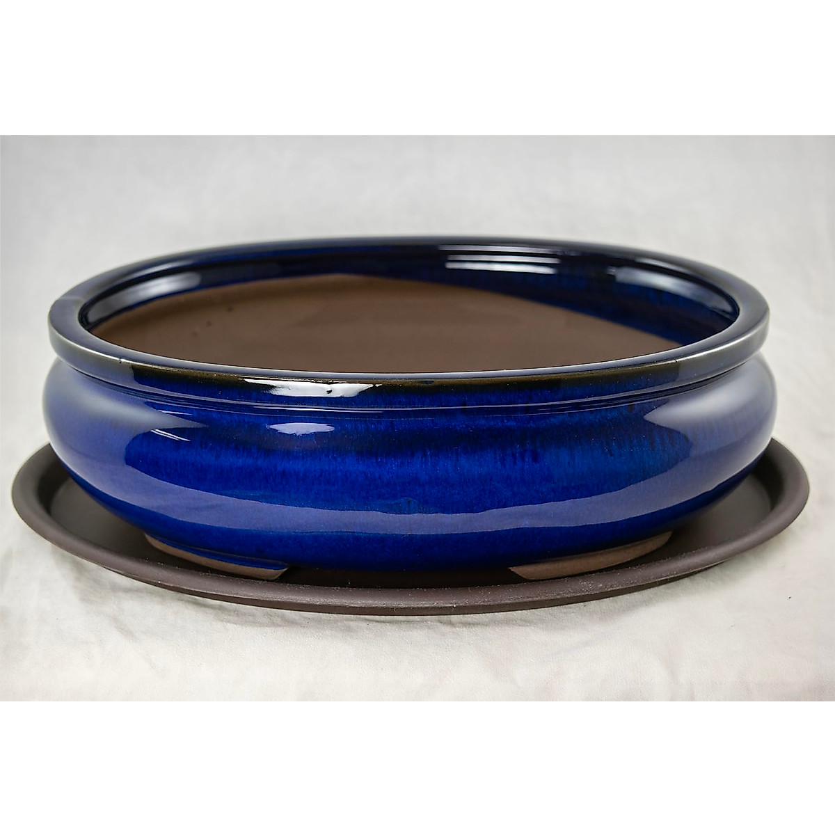 Calibonsai Oval Glazed Bonsai / Succulent Pot + Tray + Mesh 12''x 8.5''x 3.75'' - Dark Blue