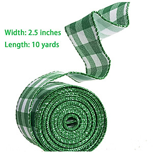ATRBB Green and White Buffalo Plaid Ribbon Wired Edge Gingham Ribbon for St Patrick's Day Decoration and Bows Craft,10 Yards by 2.5 Inches