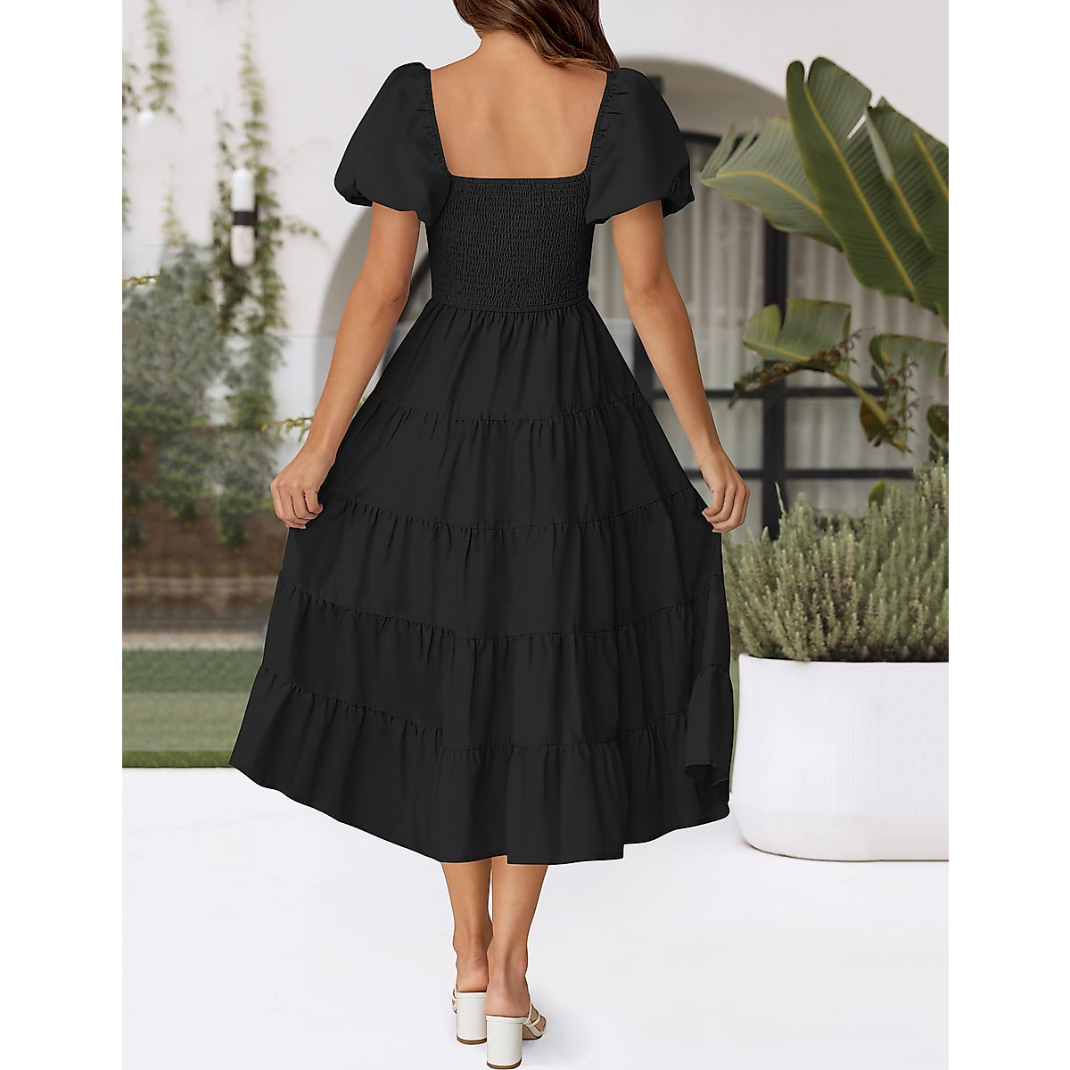 ZESICA Women's 2024 Summer Square Neck Short Puff Sleeve Solid Color High Waist Casual Smocked Flowy A Line Tiered Midi Dress