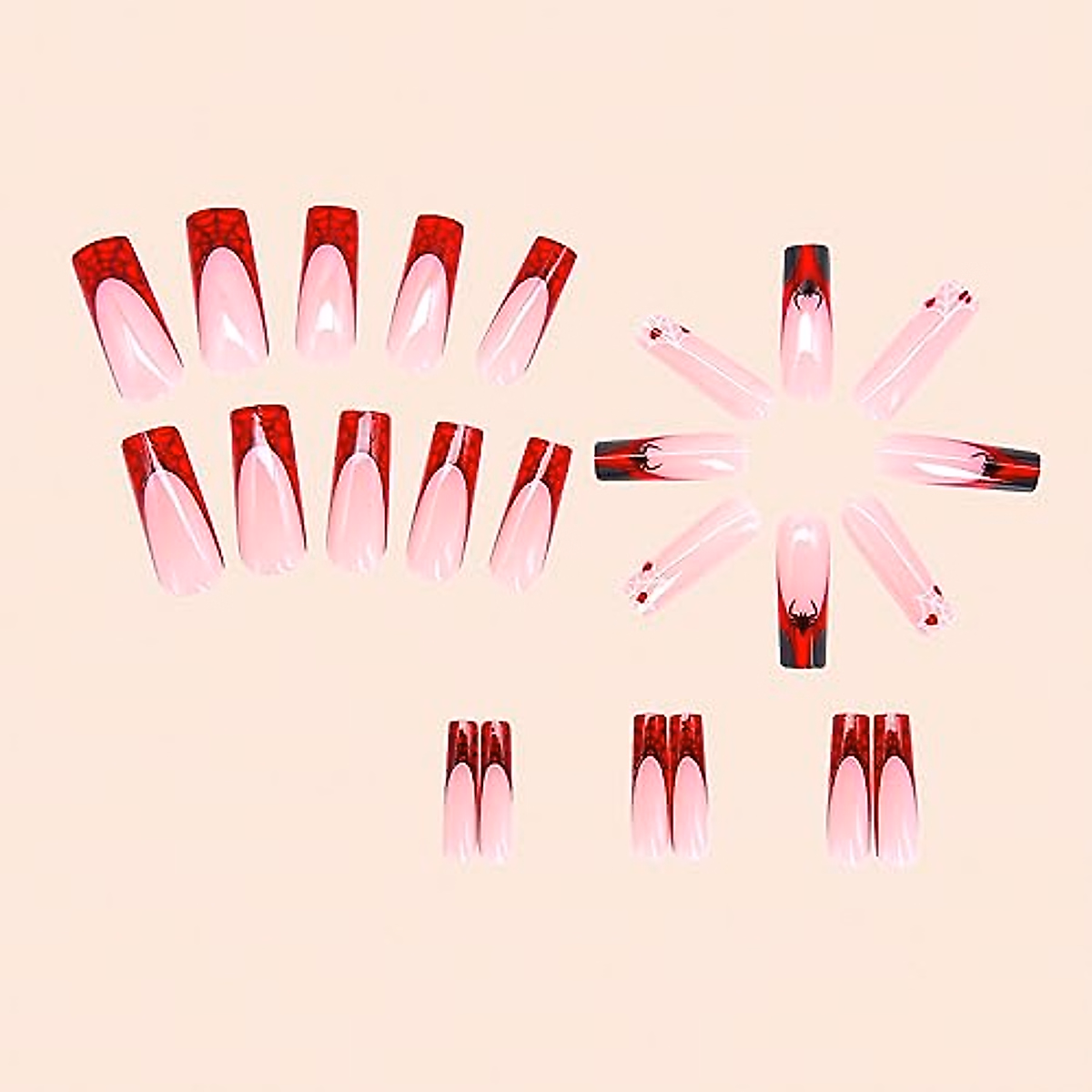 Halloween Press on Nails Long Black Spider Web Fake Nails Red French Tip False Nails Full Cover Halloween Glue on Nails Square Shape Artificial Nails Halloween Stick on Nails for Women 24Pcs