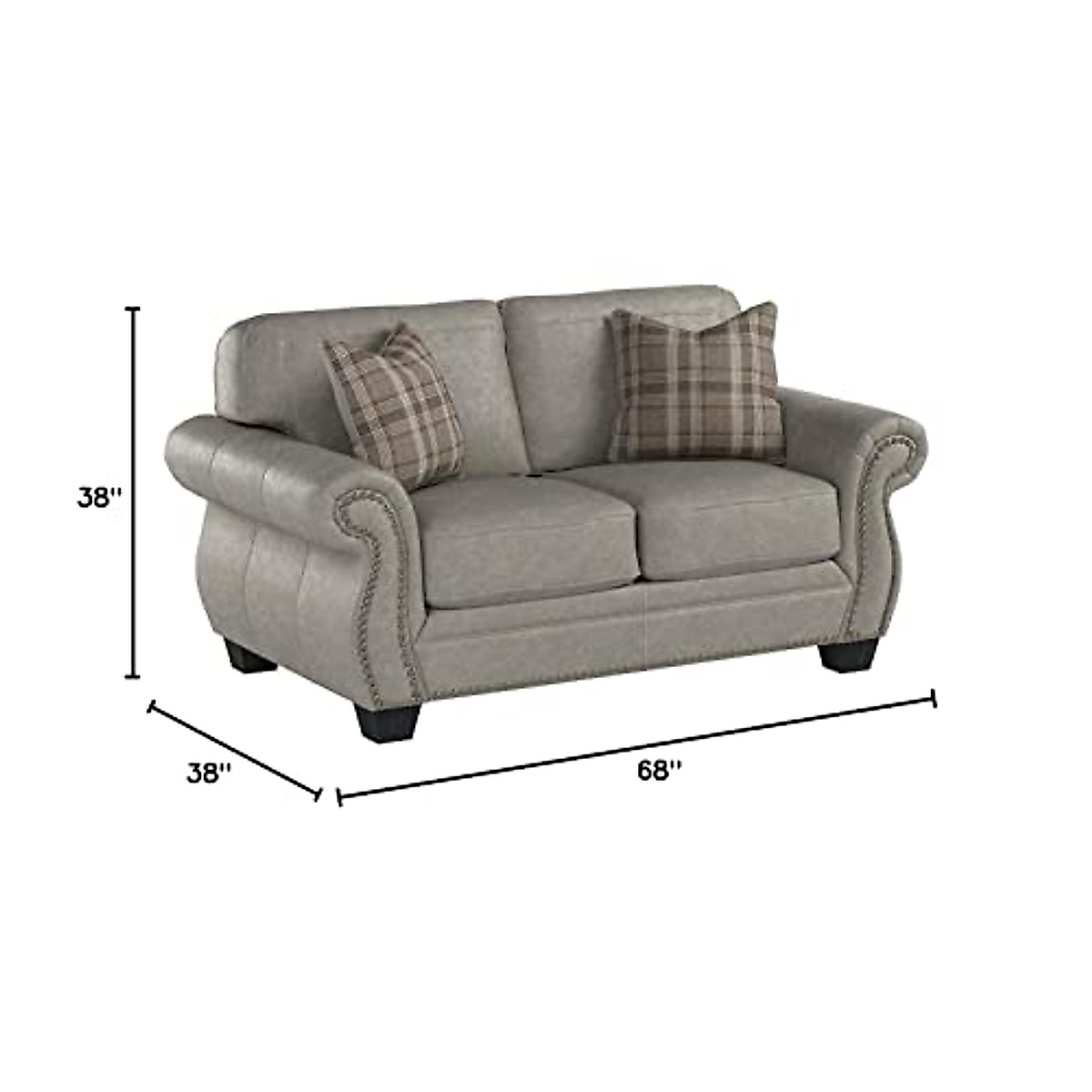 Signature Design by Ashley Olsberg Faux Leather Loveseat with Nailhead Trim and 2 Accent Pillows, Gray
