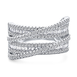 Bling Jewelry Personalize Art Deco Style Pave AAA CZ Crossover Criss Cross Costume Faux Stacking Wide Statement Cocktail 4 Row Baguette Multi Band Ring for Women Silver Rhodium Plated Customizable