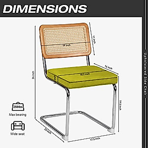 MeetLeisure Rattan Dining Chair Set of 2, Mid-Century Modern Chairs with Metal Chrome Legs, Armless Cane Back Chairs with Upholstered Cushion for Home Kitchen Dining Room, Matcha Green