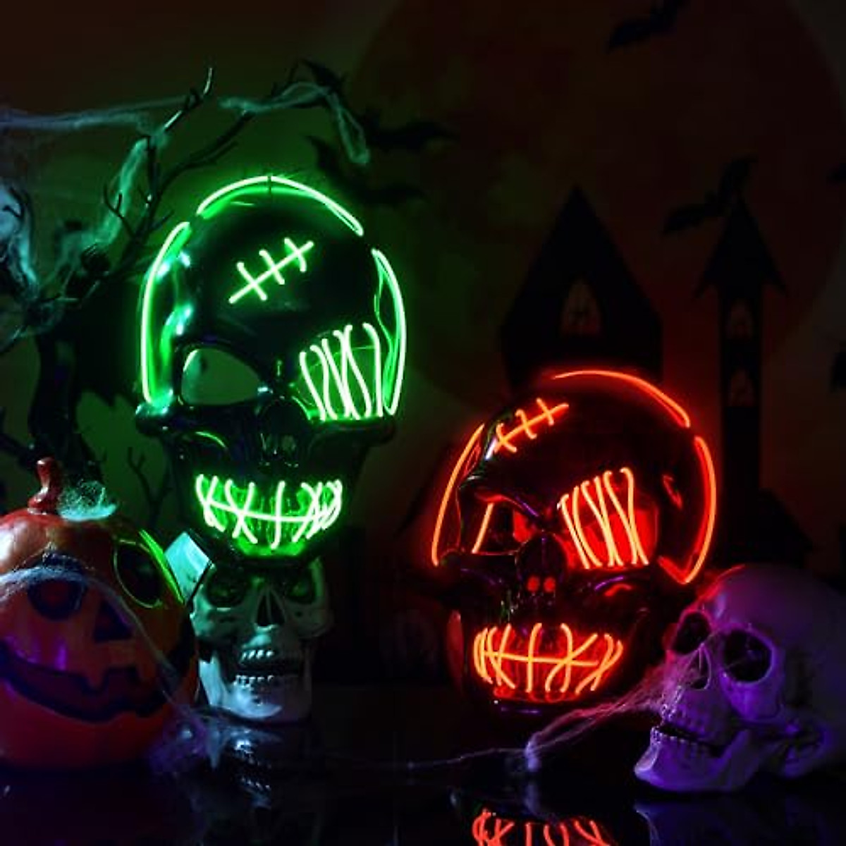 Liliful 2 Pcs Halloween Mask LED Light up Skull Mask Glow in The Dark Scary Spooky Skeleton Mask (Red, Green)