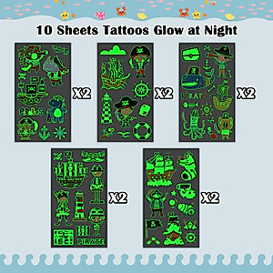 Cerlaza 100 Styles Luminous Pirate Party Supplies, Pirate Temporary Tattoos for Kids Birthday Party Favors Decorations, Fake Pirate Tattoos Stickers Accessories for Boys and Girls Toddlers Body Makeup