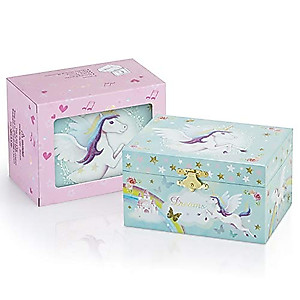 RR ROUND RICH DESIGN Musical Jewelry Glitter Storage Box and Jewelry Set for Little Girls with Spinning Unicorn and Rainbow - Blue Danube Tune Blue