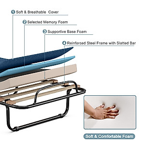 KOMFOTT Folding Rollaway Bed with Mattress, Foldable Bed with Memory Foam Mattress for Adults, Portable Fold Up Guest Bed with Sturdy Steel Frame on Wheels for Home & Office, Made in Italy (Navy Blue)