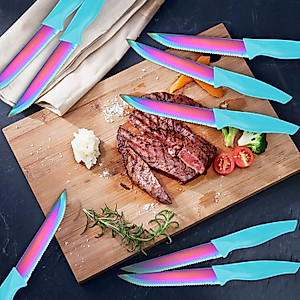 Knife Set, 18-Piece Rainbow Titanium Coating Cutlery Knives Block Set 14pcs Rainbow Titanium Stainless Steel Chef Knives, can opener , Acrylic Block Stand, Sharp Scissors and Peeler (Teal)