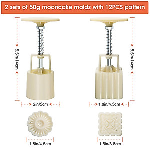 Moon Cake Mould 50g, Luxiv 12 PCS Pattern Hand-Pressure Mooncake Molds for Mid-Autumn DIY Pastry Tool 2 Sets with 6pcs Round Flower Mooncake Mode and 6 Pcs Square Pattern Mooncake Mould (White, 50g)