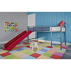 DHP Junior Twin Metal Loft Bed with Slide, Multifunctional Design, Silver with Red Slide & Fire Department Design Curtain Set for Junior Loft Bed, Kids Furniture, Blue