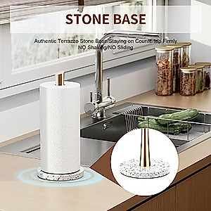 Paper Towel Holder Countertop, Brushed Nickel Waterproof Stainless Steel Paper Towel Stand with Stone Weighted Base, One Handed Tear Paper Towel Roll Holder for Kitchen & Bathroom (Silver)