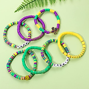 7 PCS Heishi Mardi Gras Bracelets Beaded Happy Carnival Bracelets Fleur de lis Letter Beads Rhinestone Mardi Gras Stretch Bracelets for Women Holiday Gift